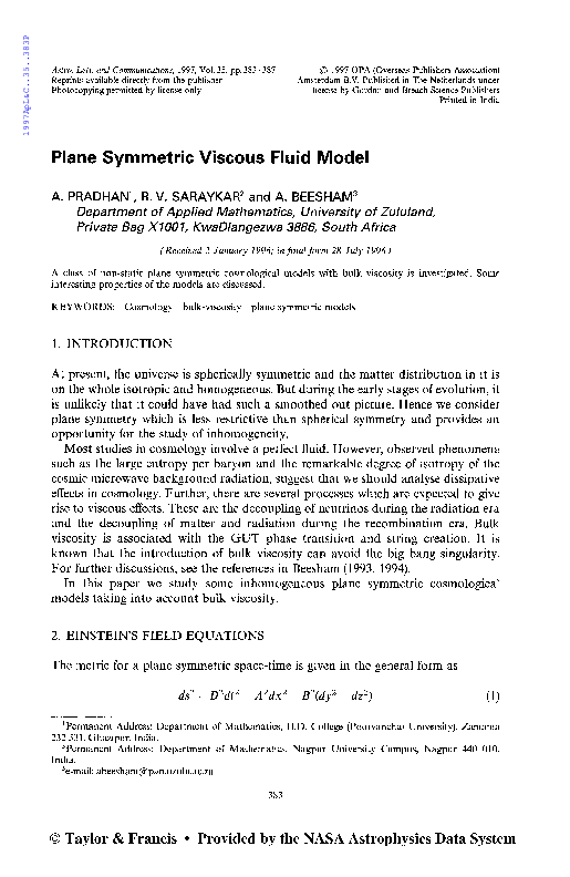 (PDF) Plane symmetric viscous fluid model