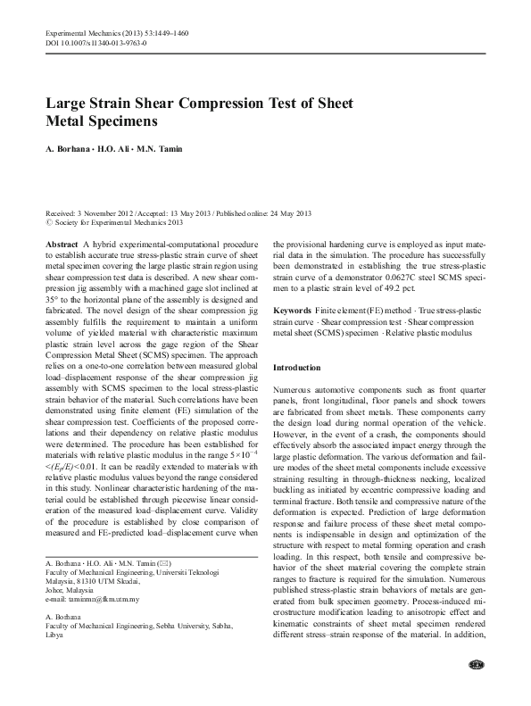 (PDF) Large Strain Shear Compression Test of Sheet Metal Specimens