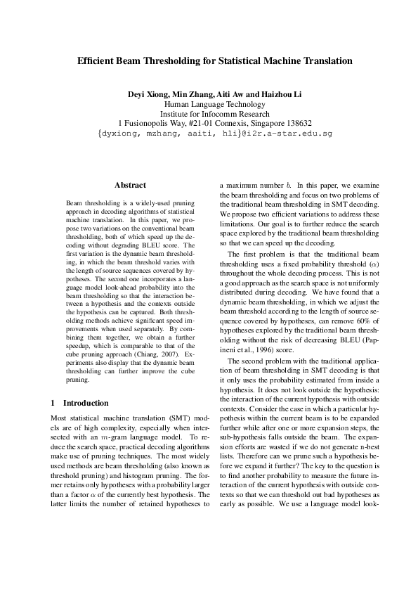 (PDF) Efficient Beam Thresholding for Statistical Machine Translation | Deyi Xiong - Academia.edu