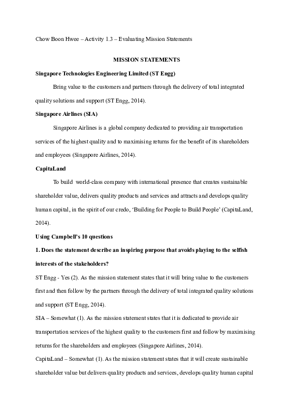 (DOC) MISSION STATEMENTS Singapore Technologies Engineering Limited (ST ...