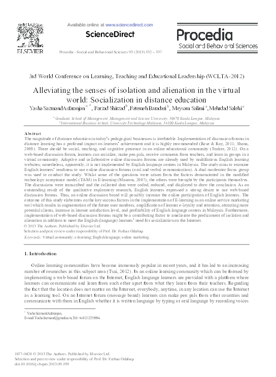 (PDF) Alleviating the Senses of Isolation and Alienation in the Virtual ...