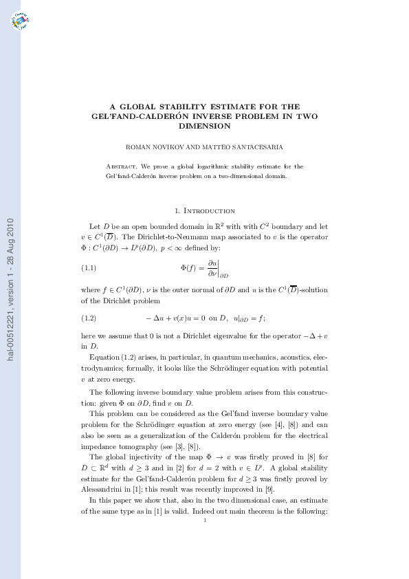 (PDF) A global stability estimate for the Gel'fand-Calderon inverse problem in two dimensions