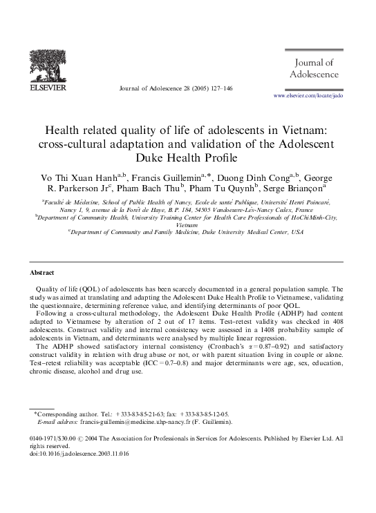 (PDF) Health related quality of life of adolescents in Vietnam: cross ...
