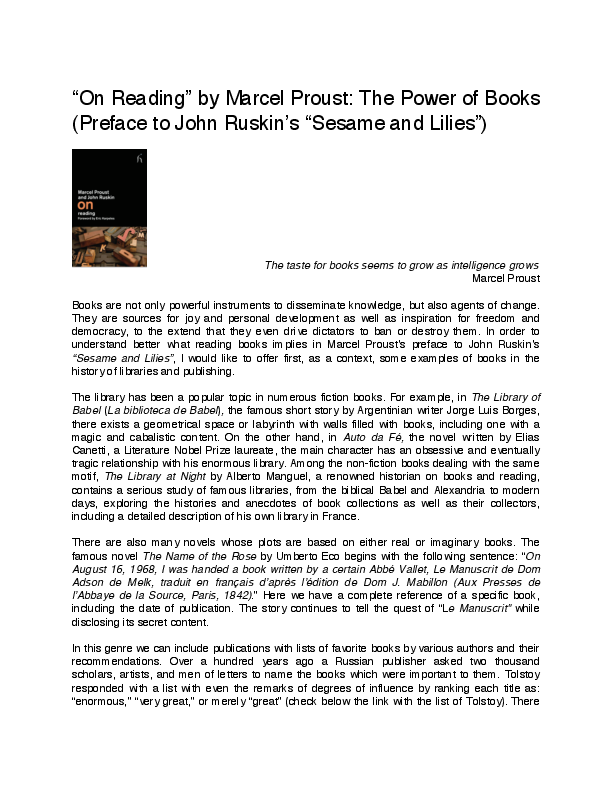 (PDF) “On Reading” by Marcel Proust: The Power of Books (Preface to ...