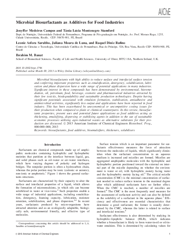 (PDF) Microbial Biosurfactants as Additives for Food Industries