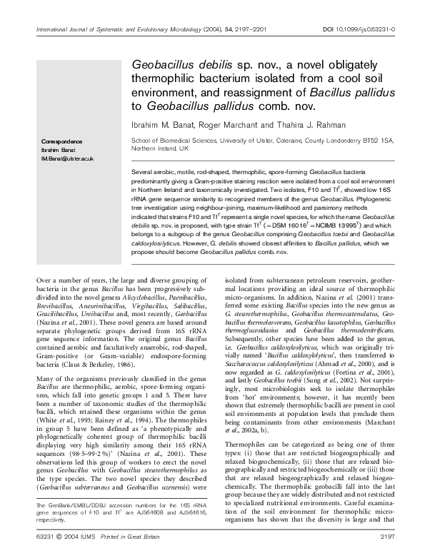 (PDF) Geobacillus debilis and reclassification of Bacillus