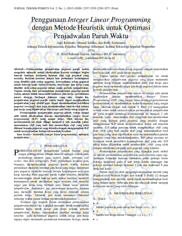 Pdf Penggunaan Integer Linear Programming Dengan Metode Heuristik