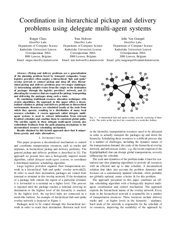 Pdf Coordination In Hierarchical Pickup And Delivery Problems Using Delegate Multi Agent Systems