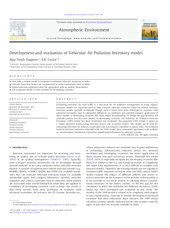 Pdf Development And Evaluation Of Vehicular Air Pollution Inventory Model