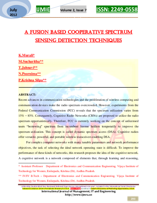 (PDF) A FUSION BASED COOPERATIVE SPECTRUM SENSING DETECTION TECHNIQUES