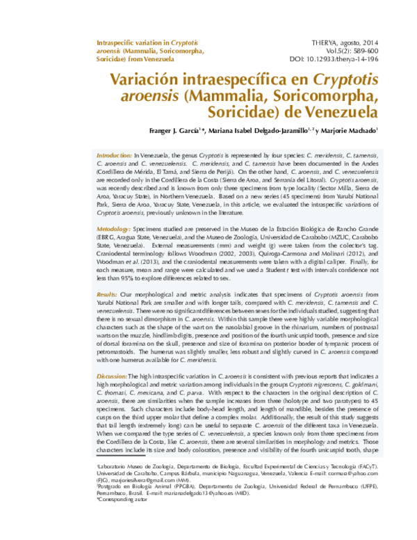 (PDF) Variación intraespecífica de Cryptotis aroensis (Mammalia ...