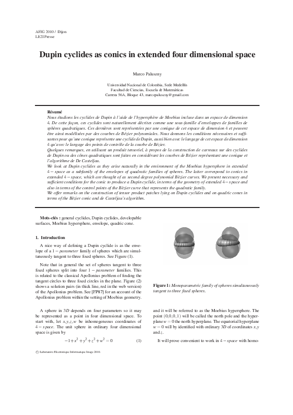 (PDF) Dupin cyclides as conics in extended four dimensional space