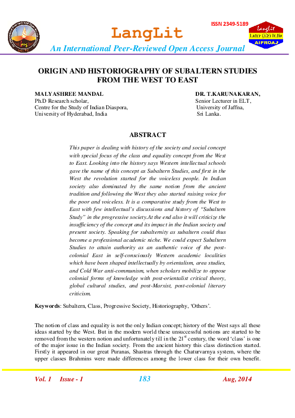 (PDF) ORIGIN AND HISTORIOGRAPHY OF SUBALTERN STUDIES