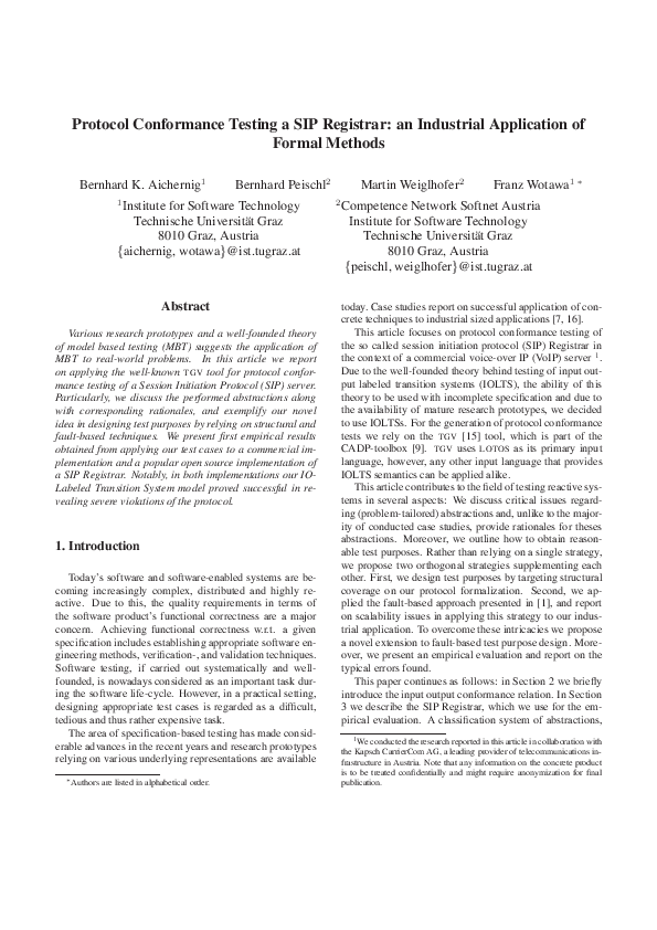 Pdf Protocol Conformance Testing A Sip Registrar An Industrial Application Of Formal Methods