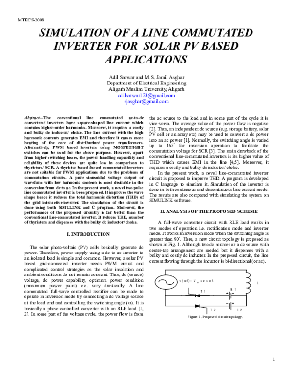 Doc Simulation Of A Line Commutated Inverter For Solar Pv Based