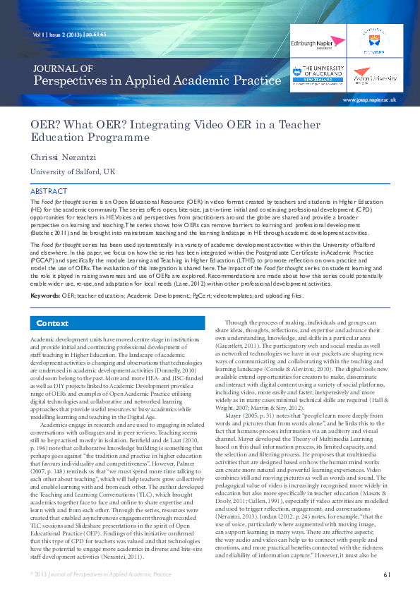 (PDF) OER? What OER? Integrating Video OER in a Teacher Education Programme