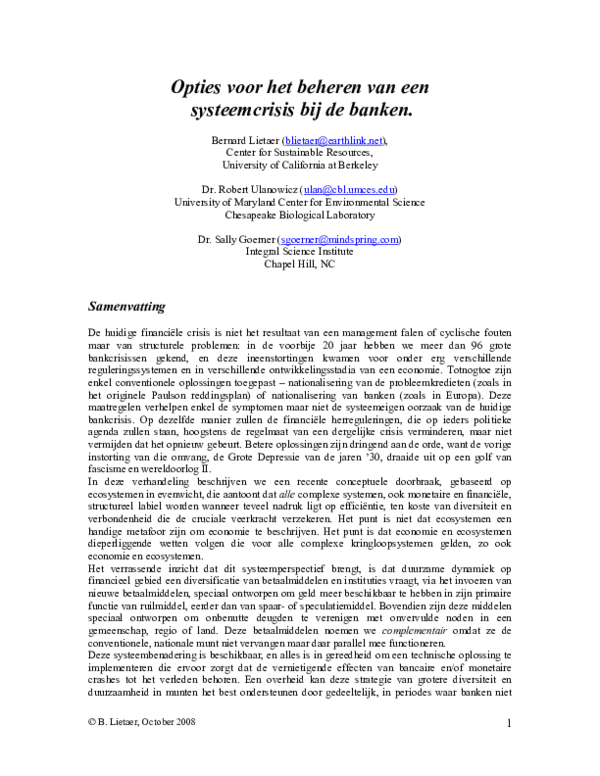 (PDF) Opties voor het beheren van een systeemcrisis bij de banken ...