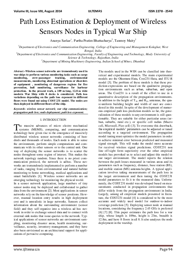 Pdf Path Loss Estimation And Deployment Of Wireless Sensors Nodes In
