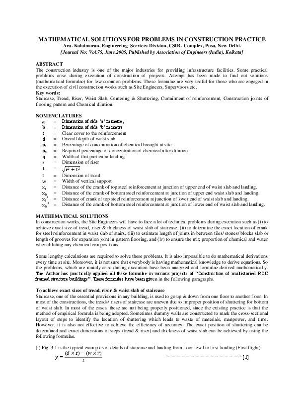 (PDF) MATHEMATICAL SOLUTION FOR PROBLEMS IN CONSTRUCTION PRACTICE