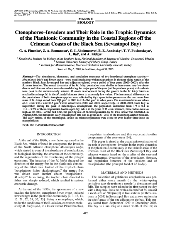 (PDF) MARINE BIOLOGY Ctenophores–Invaders and Their Role in the Trophic Dynamics of the ...