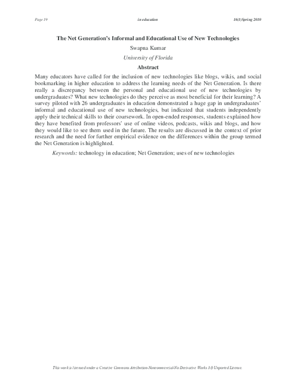 (PDF) The Net Generation’s Informal and Educational Use of New Technologies