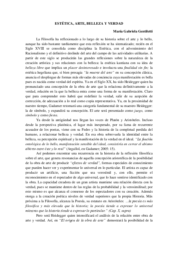 (DOC) Estética, arte, belleza y verdad. María Gabriela Gentiletti