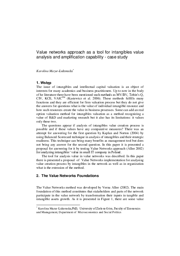 (PDF) Value networks approach as a tool for intangibles value analysis and amplification ...
