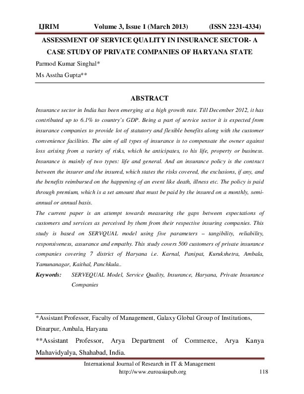 (PDF) ASSESSMENT OF SERVICE QUALITY IN INSURANCE SECTOR - A CASE STUDY ...