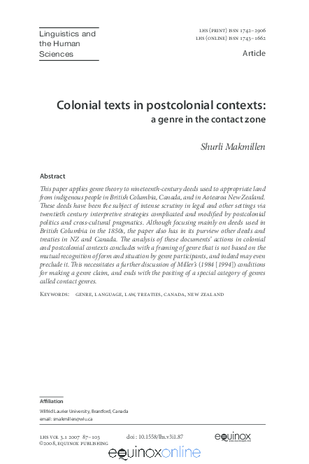 (PDF) Colonial texts in post-colonial contexts: a genre in the contact zone