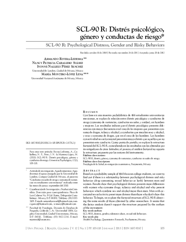 (PDF) SCL-90 R: Distrés psicológico, género y conductas de riesgo* SCL ...
