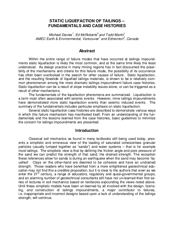 (PDF) STATIC LIQUEFACTION OF TAILINGS - FUNDAMENTALS AND CASE HISTORIES