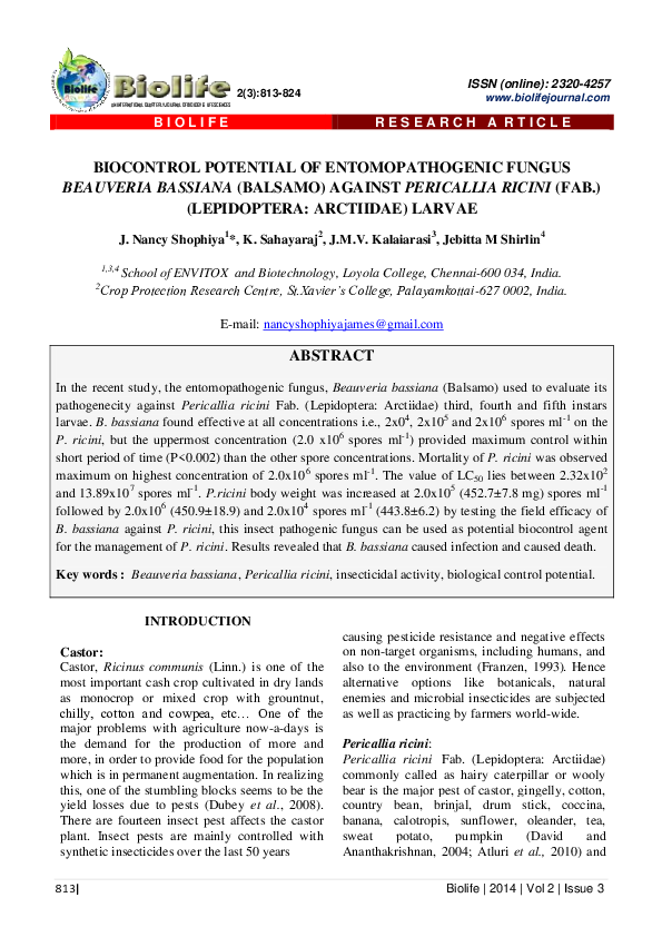 (PDF) BIOCONTROL POTENTIAL OF ENTOMOPATHOGENIC FUNGUS BEAUVERIA ...