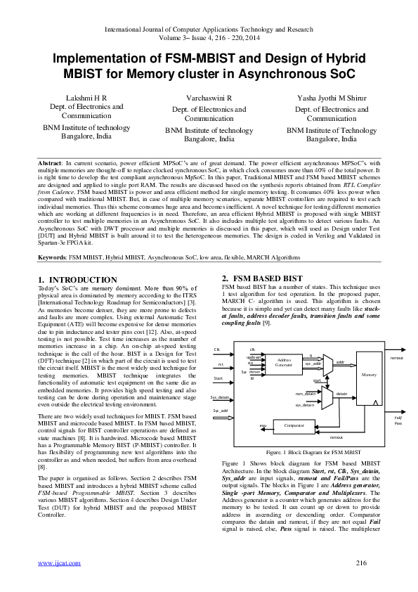 Pdf Implementation Of Fsm Mbist And Design Of Hybrid Mbist For Memory Cluster In Asynchronous Soc