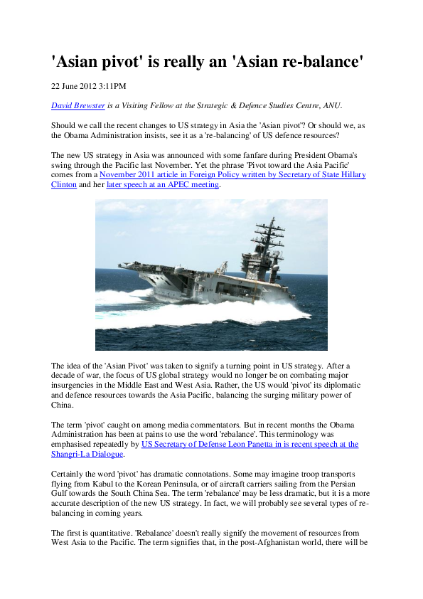 (PDF) "'Asian pivot' is really an 'Asian re-balance'”, Lowy Interpreter ...