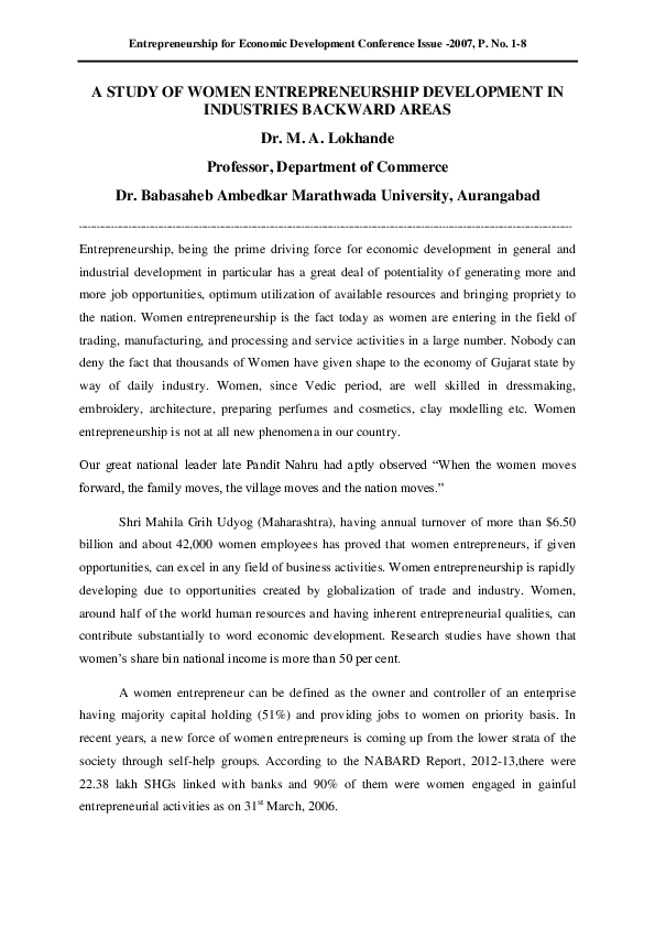 (DOC) A STUDY OF WOMEN ENTREPRENEURSHIP DEVELOPMENT IN INDUSTRIALLY ...