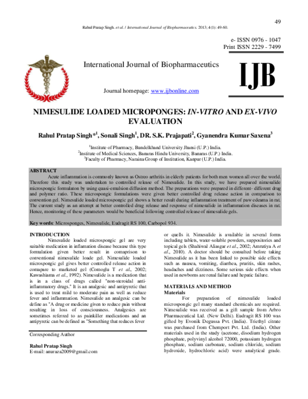 Pdf Nimesulide Loaded Microsponges In Vitro And Ex Vivo Evaluation