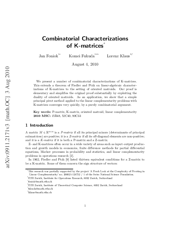 (PDF) Combinatorial Characterizations of K-matrices