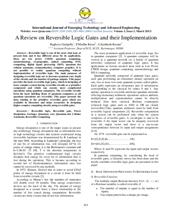 Pdf Reversible Logic Gates