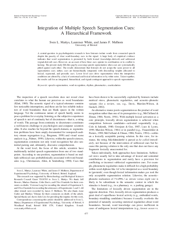(PDF) Integration of multiple speech segmentation cues: A hierarchical framework