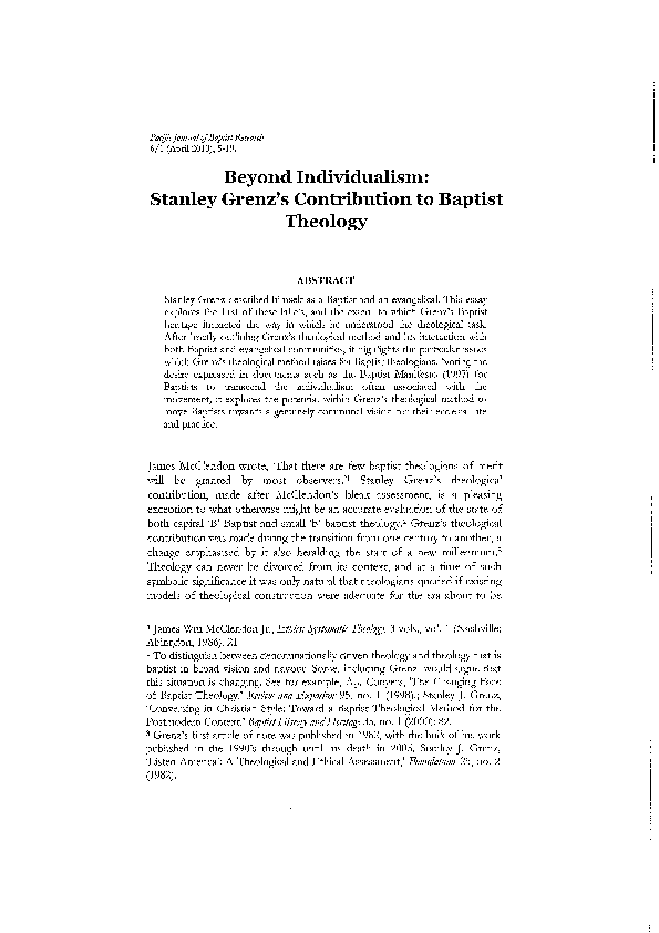 (PDF) Beyond Individualism: Stanley Grenz's Contribution to Baptist ...