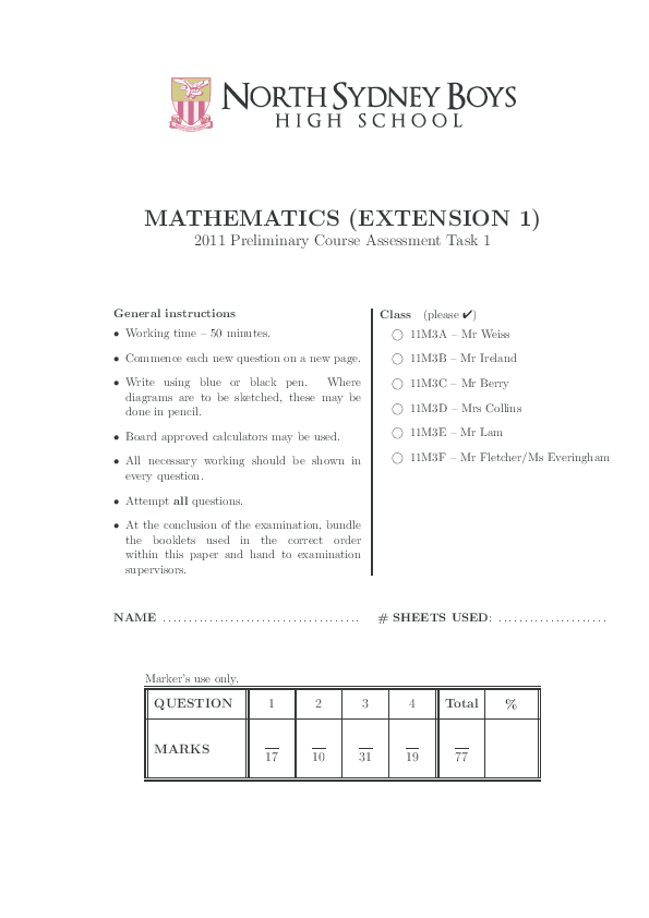 (PDF) MATHEMATICS (EXTENSION 1) 2011 Preliminary Course Assessment Task 1