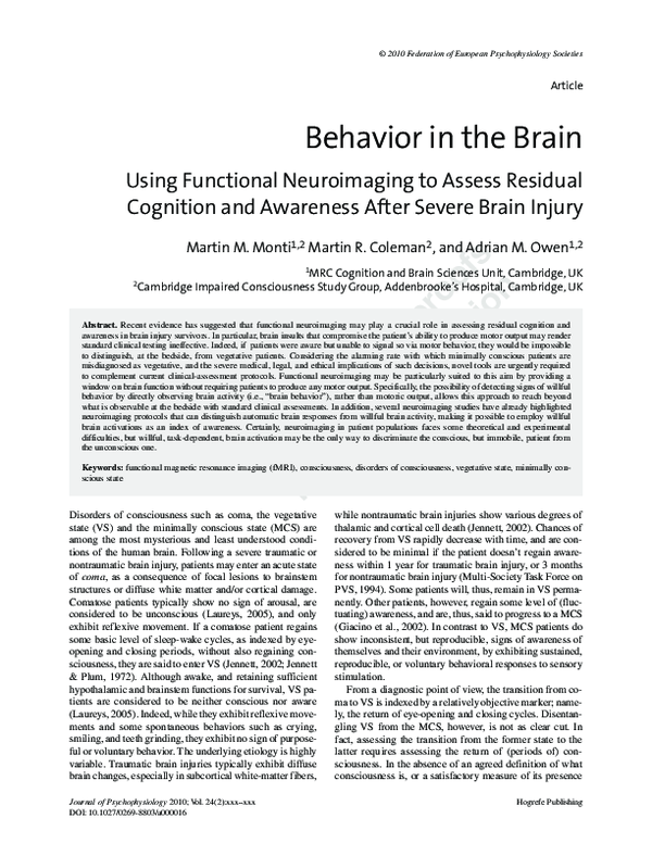 (PDF) Using Functional Neuroimaging to Assess Residual Cognition and Awareness After Severe ...