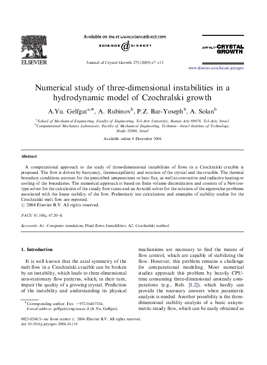 (PDF) Numerical study of three-dimensional instabilities in a hydrodynamic model of Czochralski ...
