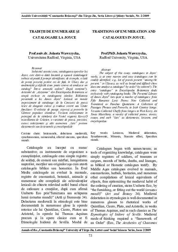 (PDF) Traditions of Enumeration and Catalogues in Joyce. TRADIŢII DE ...