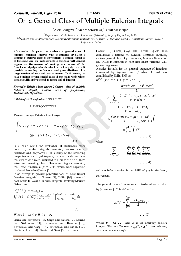(PDF) On a general class of multiple Eulerian integrals