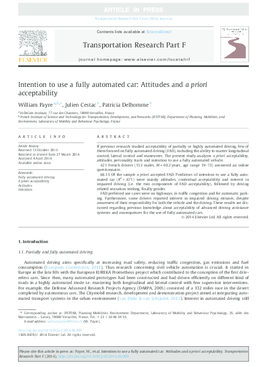 (PDF) Payre et al 2014 Intention to use a fully automated car attitudes ...