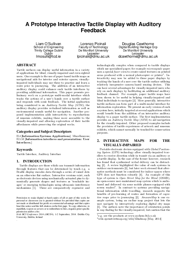 (PDF) A Prototype Interactive Tactile Display with Auditory Feedback