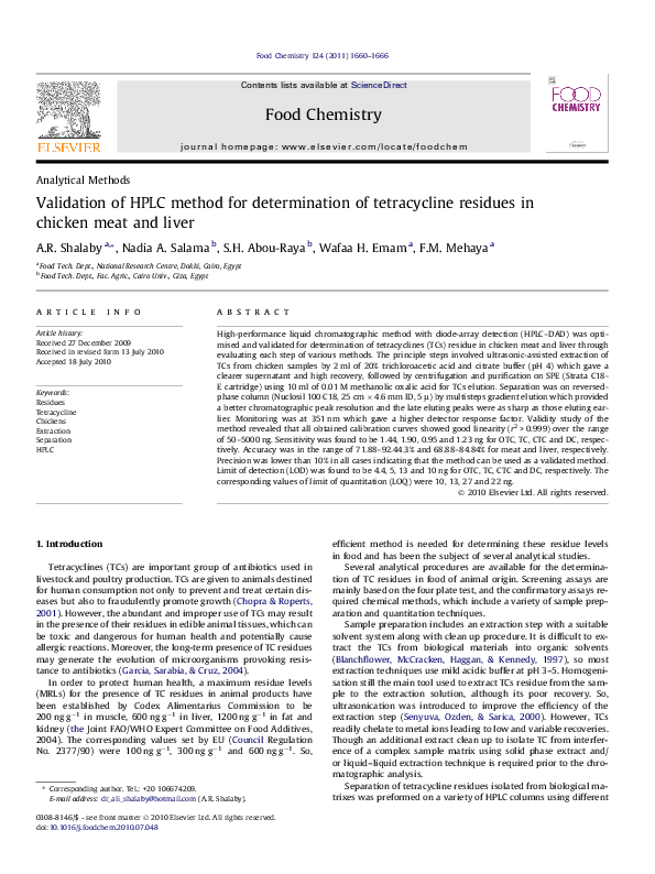 Pdf Validation Of Hplc Method For Determination Of Tetracycline Residues In Chicken Meat