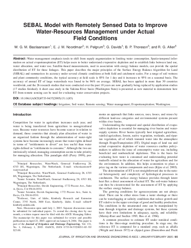 (PDF) SEBAL model with remotely sensed data to improve water-resources ...
