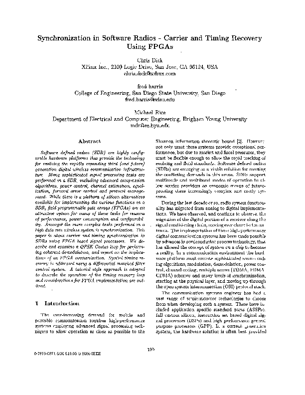 Pdf Synchronization In Software Radios Carrier And Timing Recovery Using Fpgas